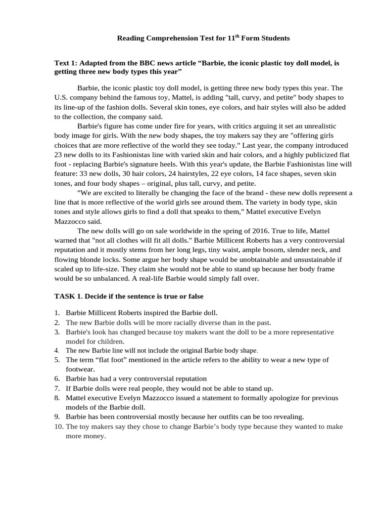 Reading Comprehension Test For 11 Form Students: 4. The New Barbie Line ...