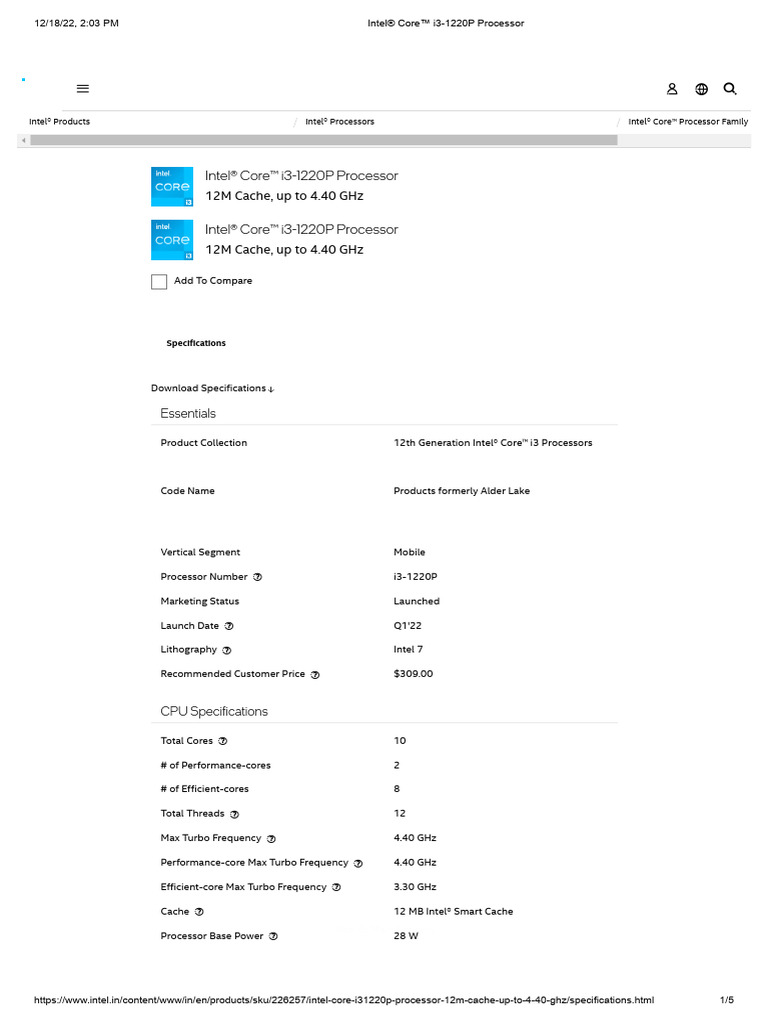 Intel® Core™ I3 1220p Processor Pdf Central Processing Unit 4698