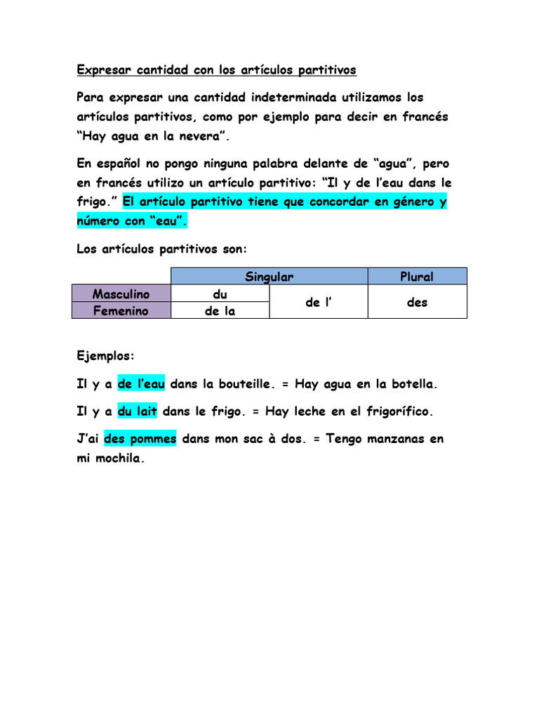 Expresar Cantidad Con Los Artículos Partitivos | PDF