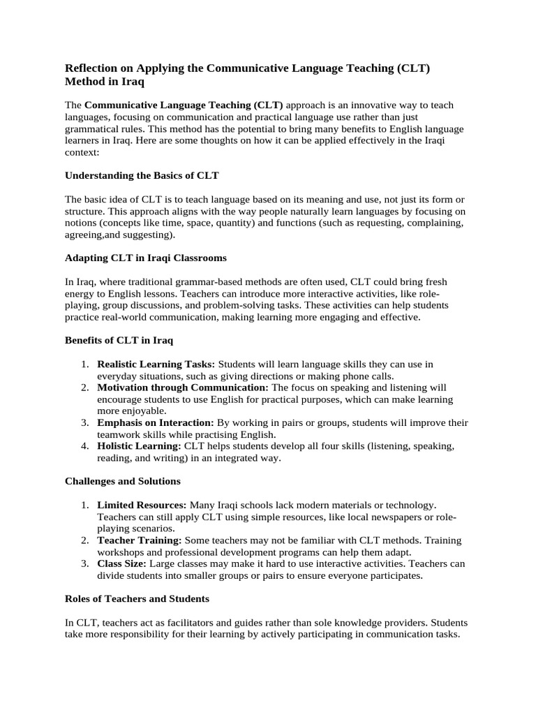 Reflection on Applying the Communicative Language Teaching | PDF | Language Education | Learning