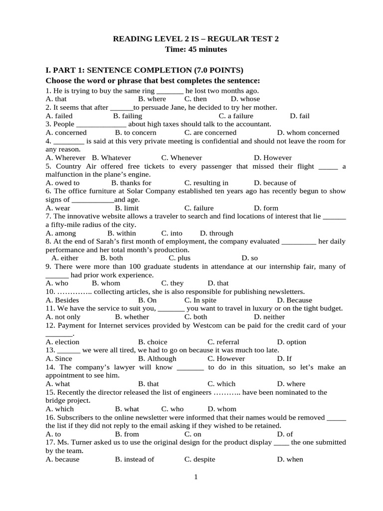Regular Test 2-READING LEVEL 2 IS | PDF