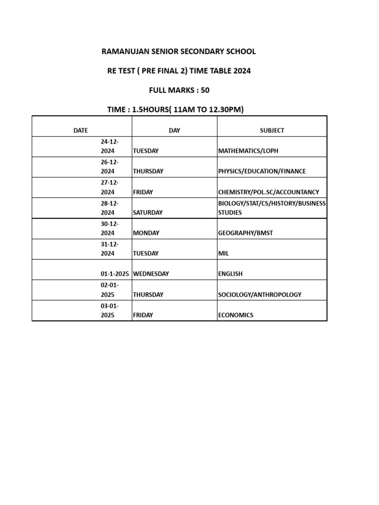 Re Test (Pre Final 2) 2024 Time Table, 2nd Year-1 | PDF