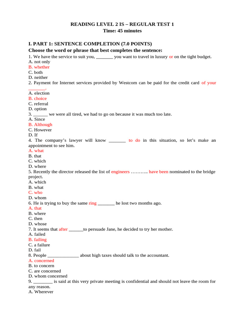 Test 1-Reading Level 2 Is | PDF