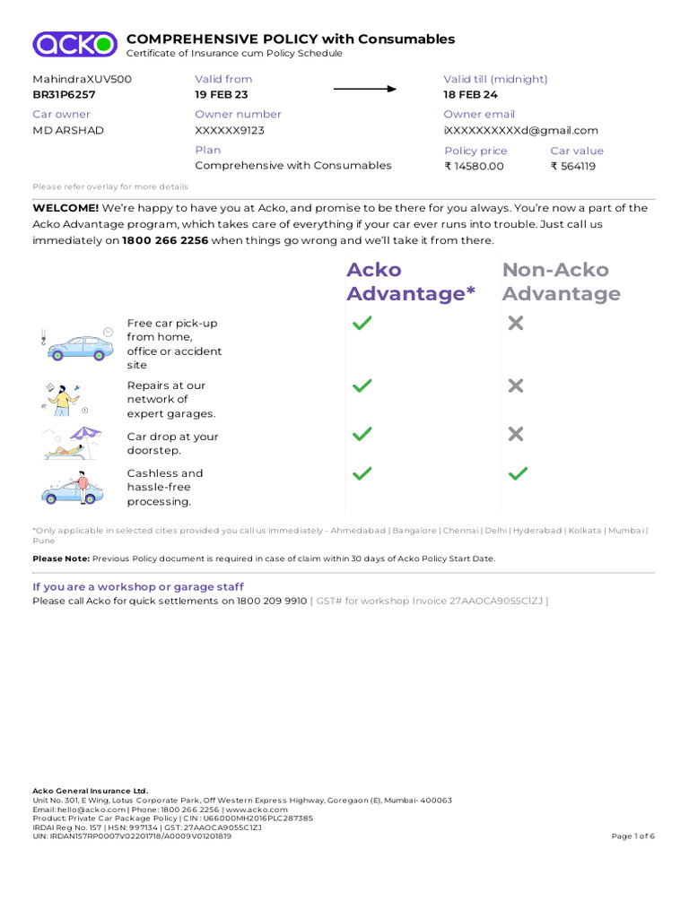 Acko Comprehensive Car Insurance Policy | PDF | Insurance | Financial ...