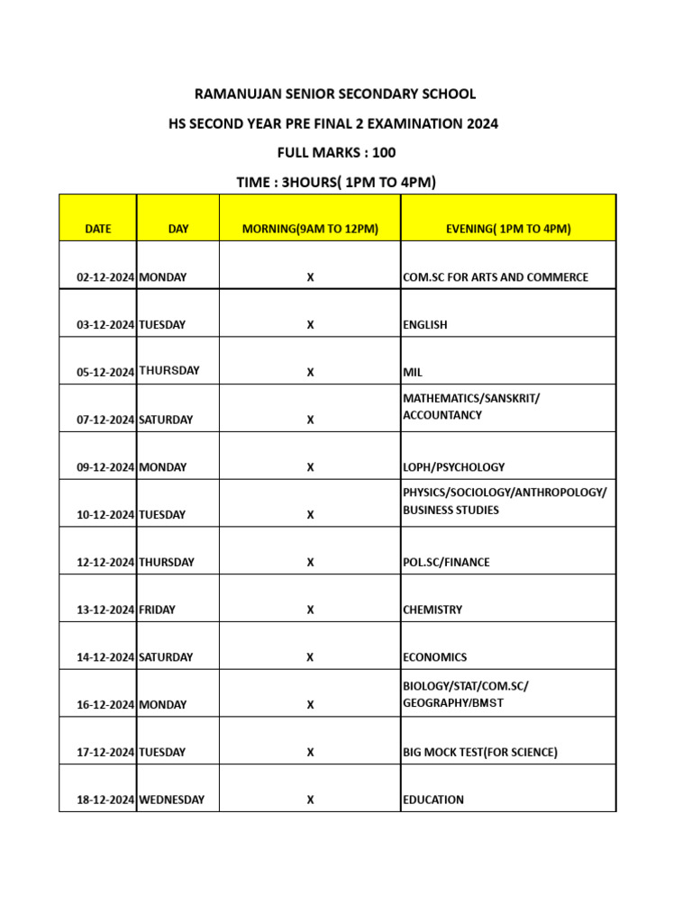 Hs 2nd Yr Pre Final 2 Routine (Revised) 2024 | PDF