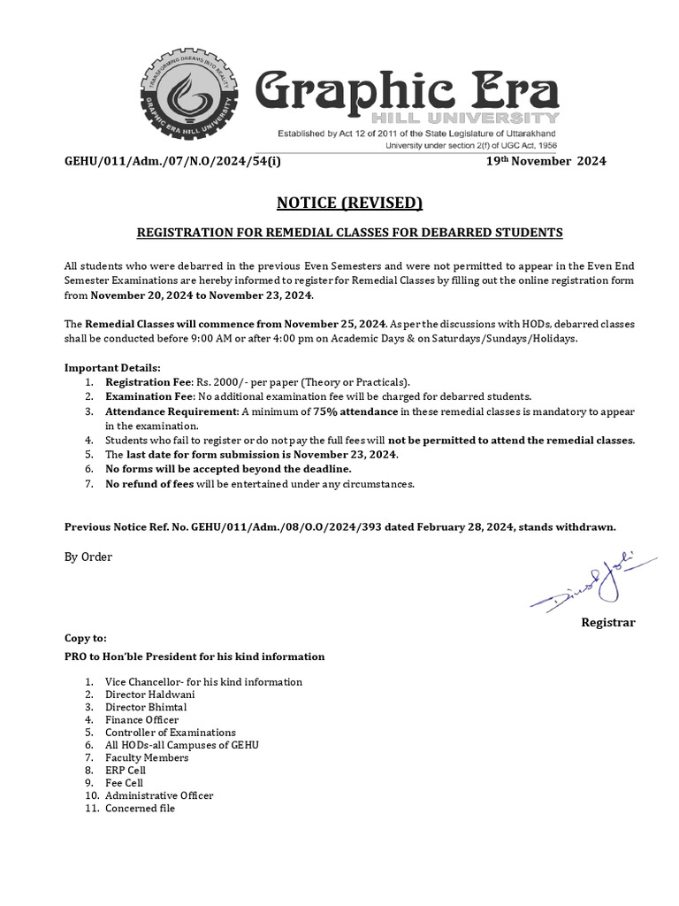 Notice (Revised) REGISTRATION FOR REMEDIAL CLASSES FOR DEBARRED STUDENTS | PDF