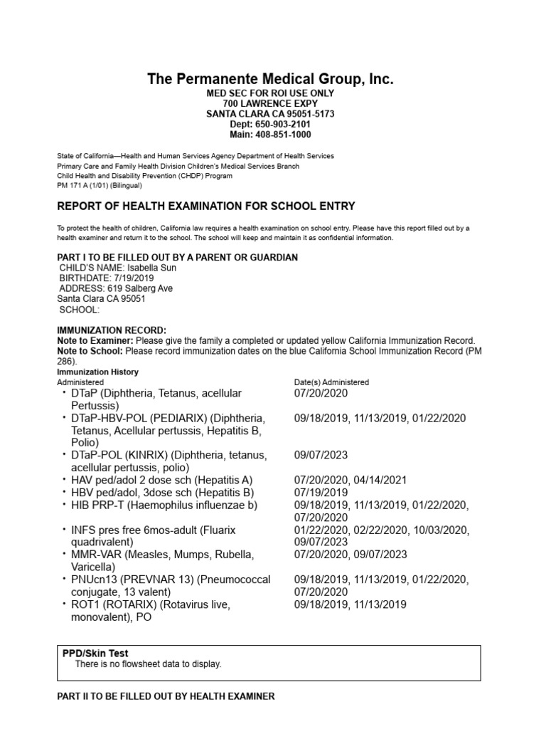Health Examination For School Entry Letter - Kaiser Permanente | PDF ...