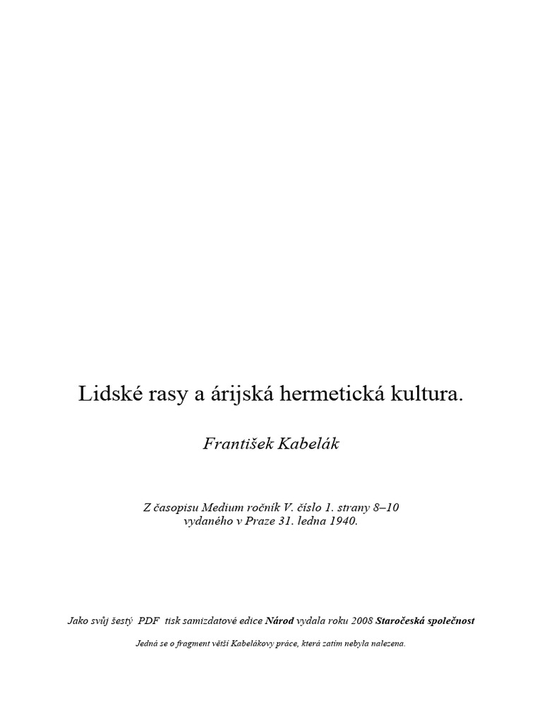 Kabelák F. - Lidské Rasy A Árijská Hermetická Kultura (Praha 1940) | PDF