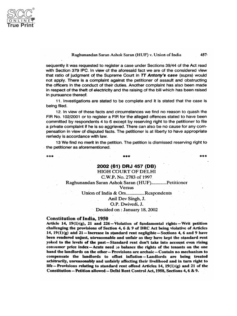Raghunandan Saran Ashok Saran V UOI DRC SCC Case | PDF