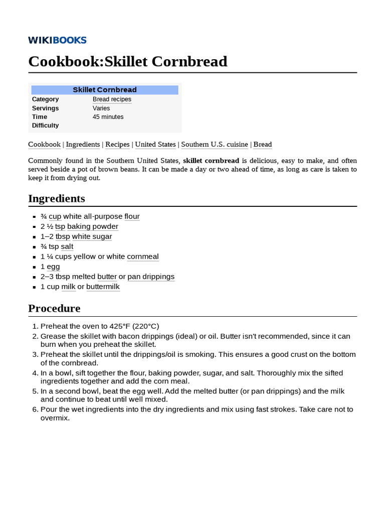 Cookbook Skillet Cornbread | PDF | Foods | Cuisine