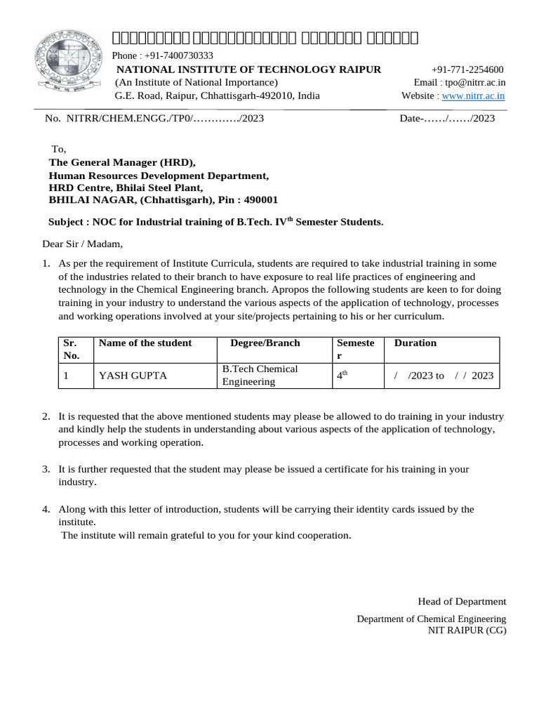 NOC Request for B.Tech Training at Bhilai | PDF | Engineering