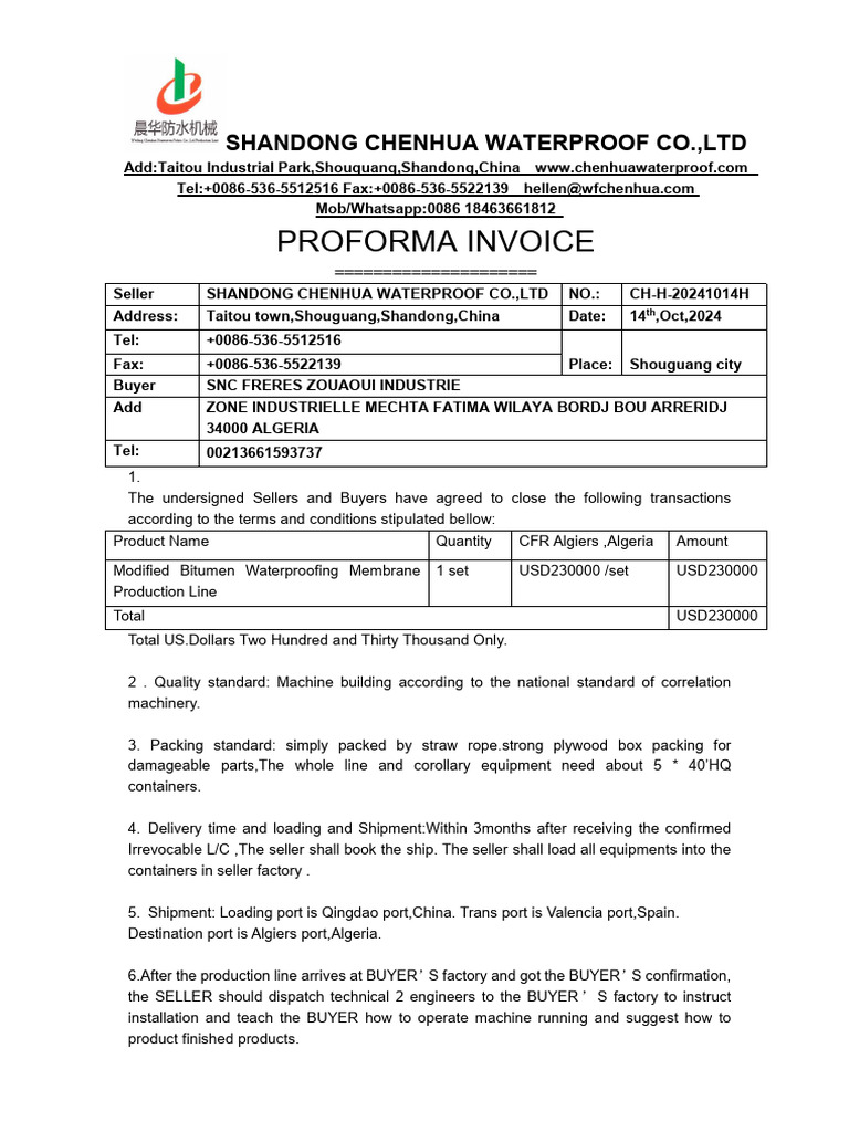 3 - Proforma Invoice of Bitumen Membrane Machine - CHENHUA WATERPROOF ...