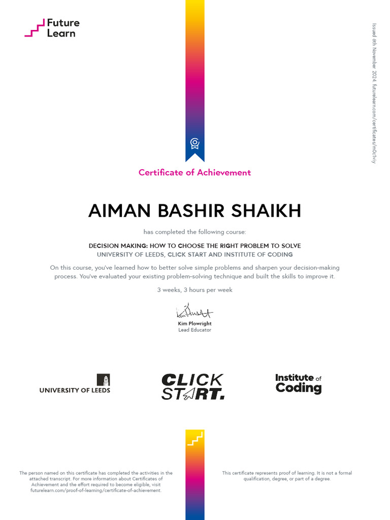 Certificate in Decision Making Skills | PDF | Decision Making | Risk