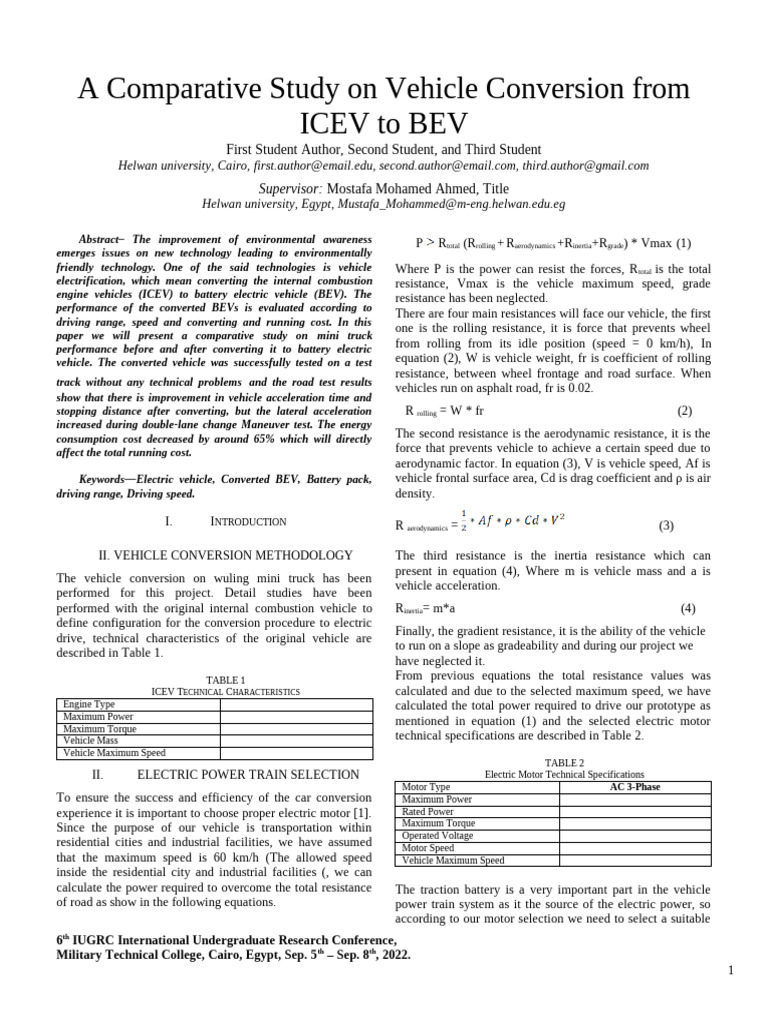 A Comparative Study On Vehicle Conversion From ICEV To BEV | PDF | Electric Motor | Alternating ...