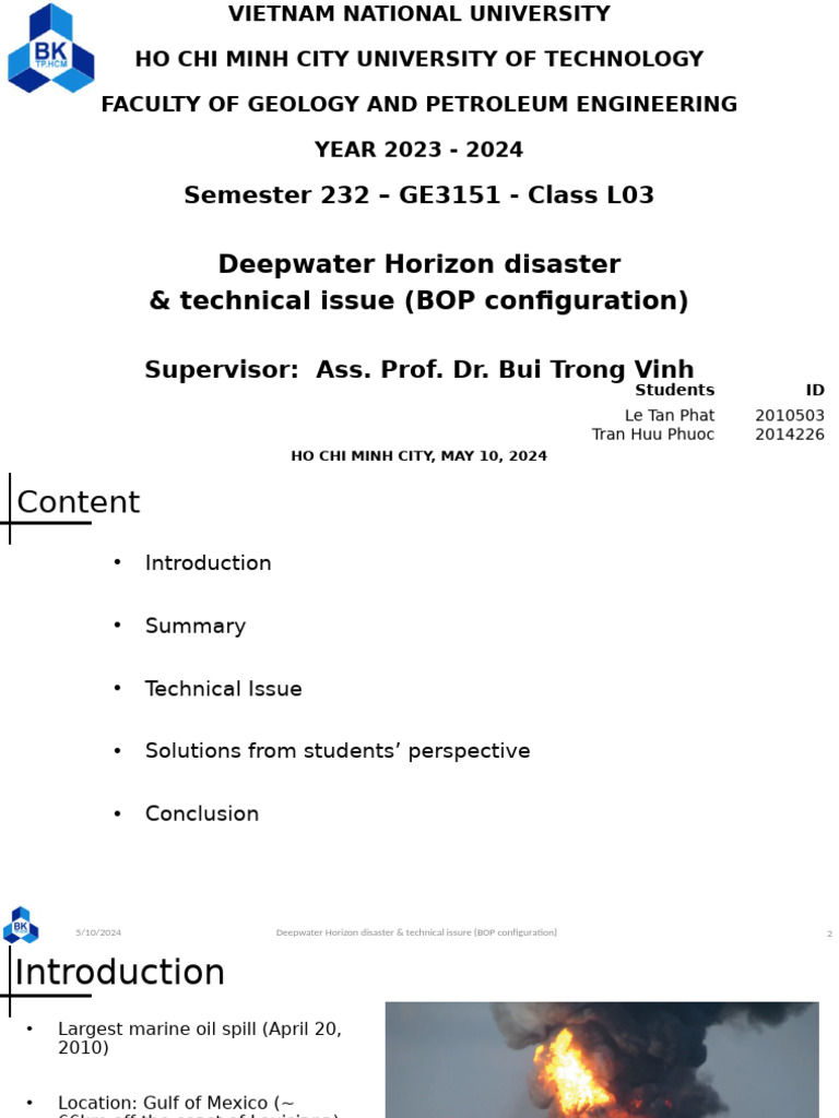 Deepwater Hoziron Disaster - Le Tan Phat&Tran Huu Phuoc - Group 1 - Class L03 - GE3151 | PDF ...