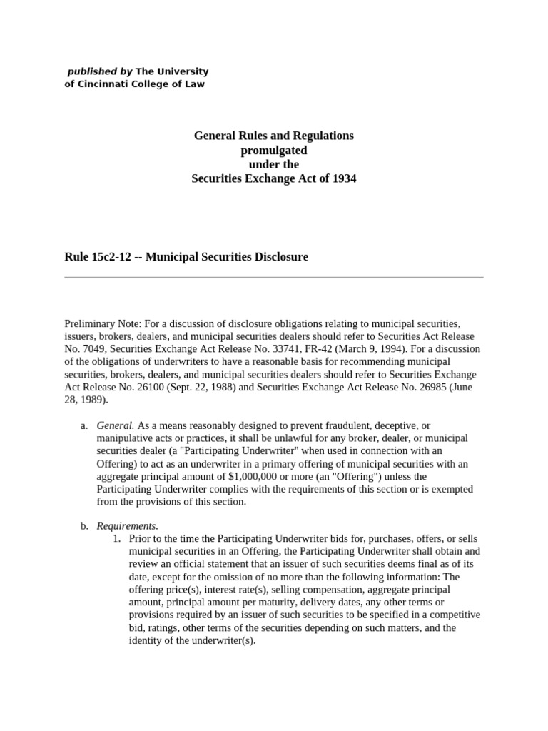 Rule 15c2-12 - Municipal Securities Disclosure | PDF | Securities ...