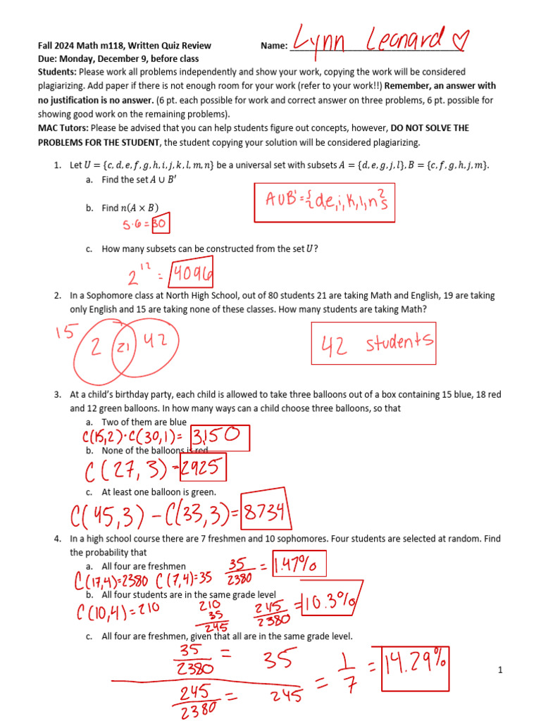 Math 118 Fall 2024 Semester Review Written Quiz | PDF | Applied ...