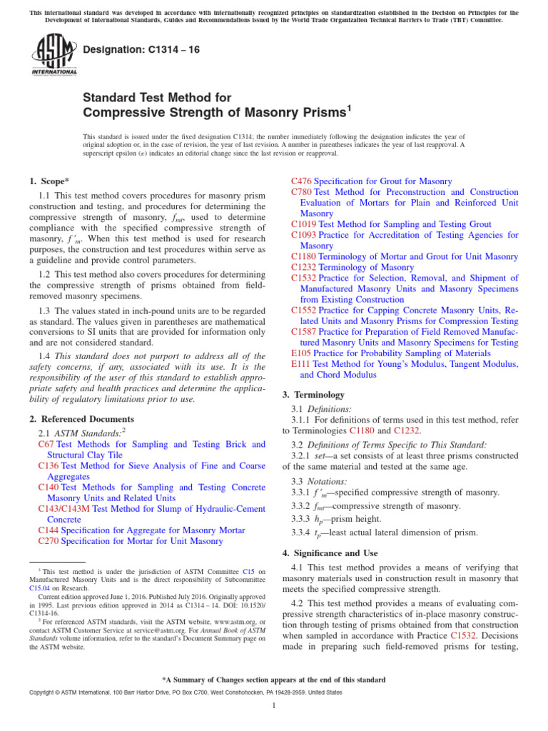 ASTM C1314 Compres Masonry Prisms | PDF | Area | Strength Of Materials