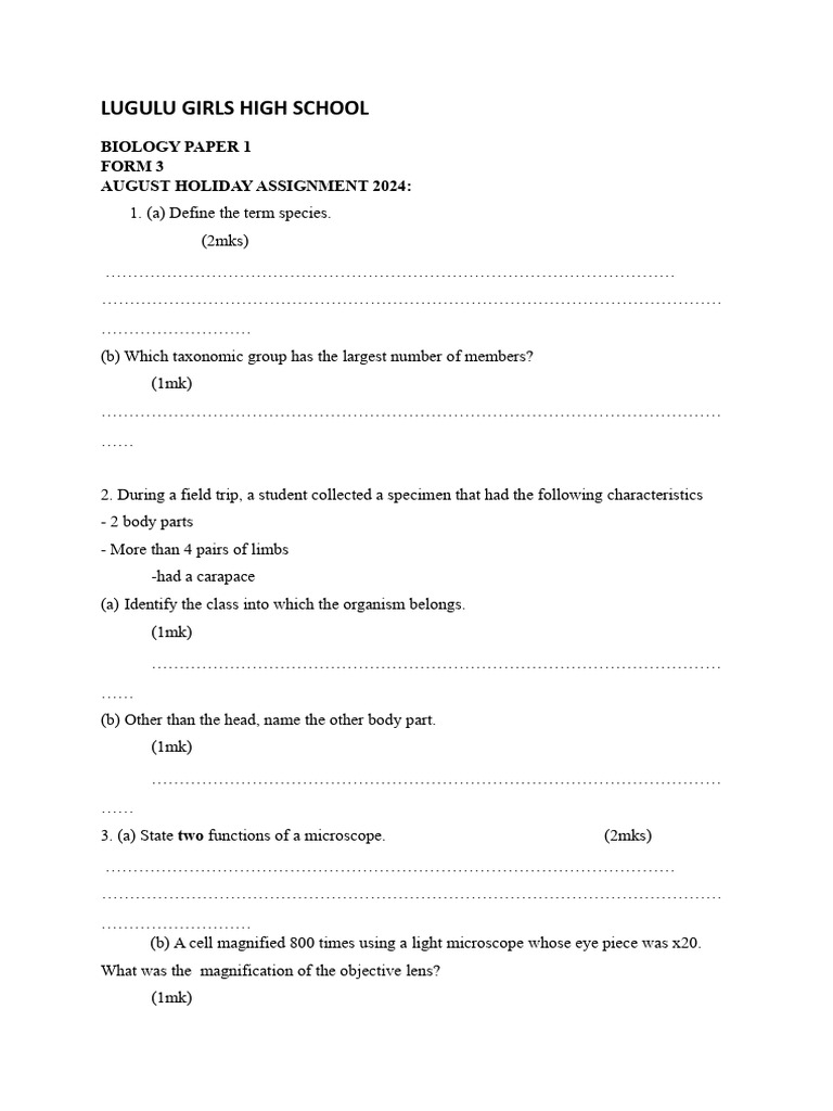 Form 3 August Bio Assignment Assignments - Form 3 - Biology | PDF | Biology