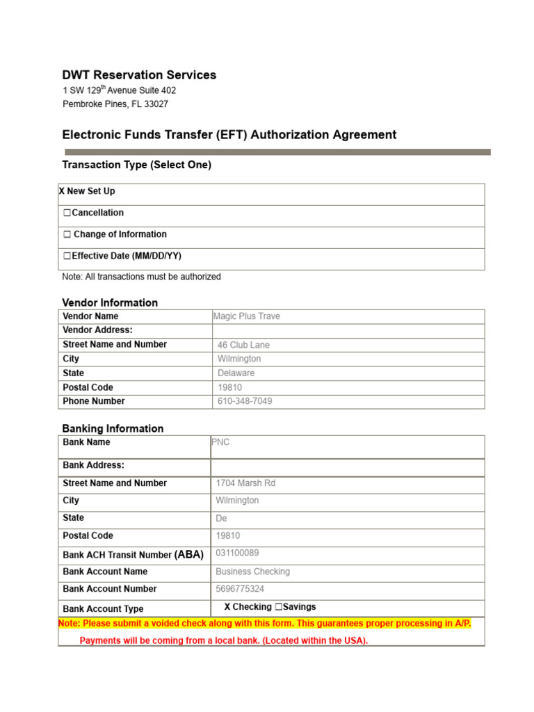 EFT Authorization Form | PDF | Banking