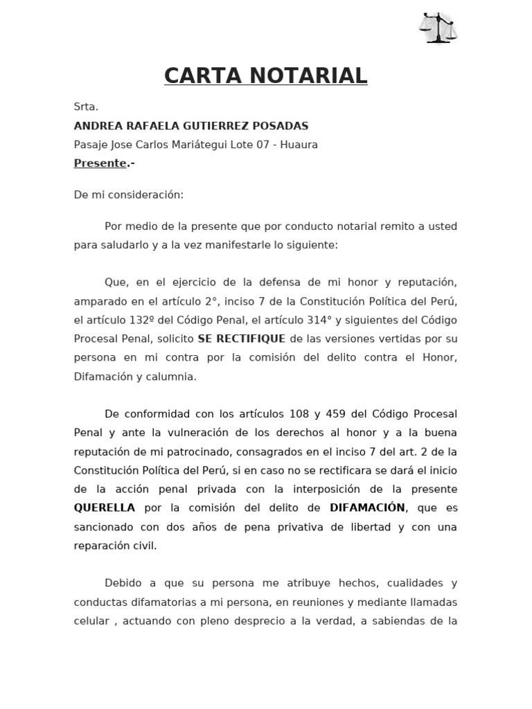 Carta Notarial Por Difamacion | PDF | Justicia | Crimen y violencia