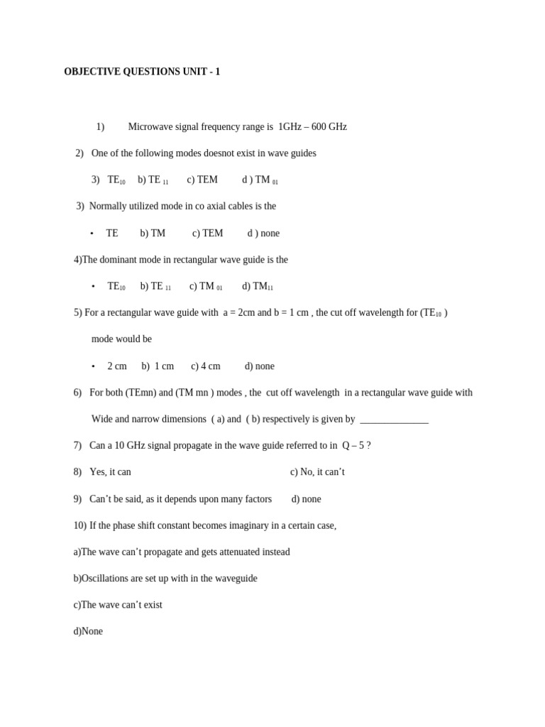 Mwe Obj 1, 2 Units Sample Questions | PDF | Waves | Waveguide