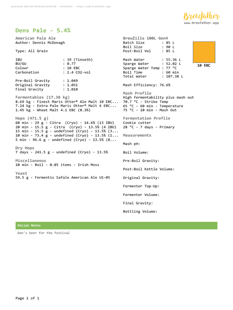 Brewfather_DensPale1_20240806 | PDF | Fermentation In Food Processing | Brewing