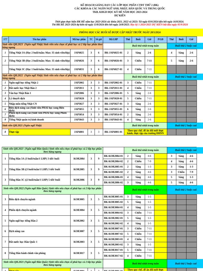 Tkb (Khgd) Hk Hè 2023-2024 Ctdt Thu 2 (Bk) (Dự Kiến) (.4.24) | PDF
