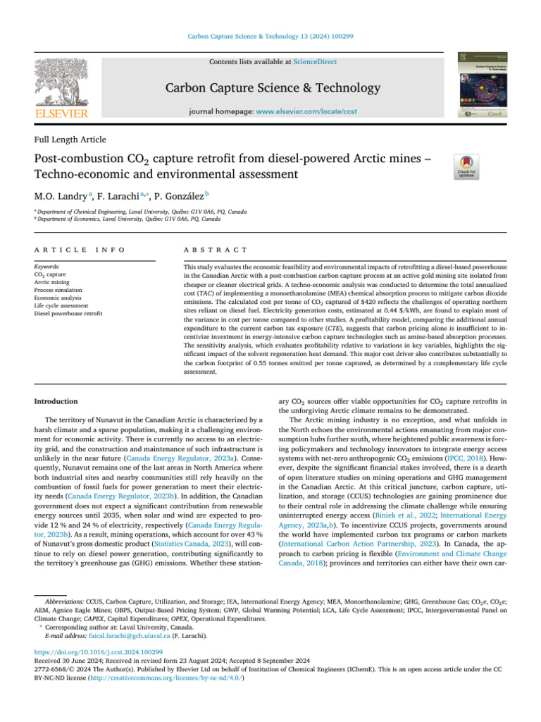 Post-Combustion CO2 Capture Retrofit From Diesel-Powered Arctic Mines ...