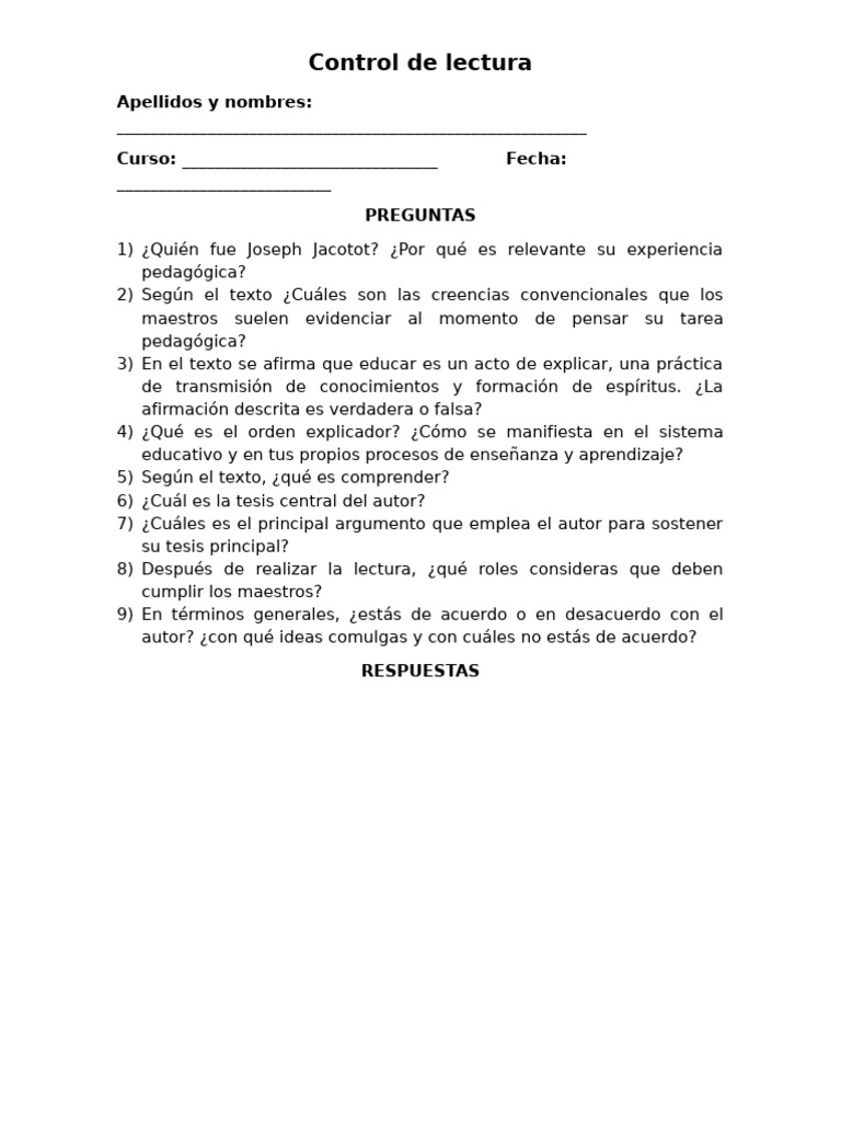 Control de Lectura sobre Joseph Jacotot | PDF