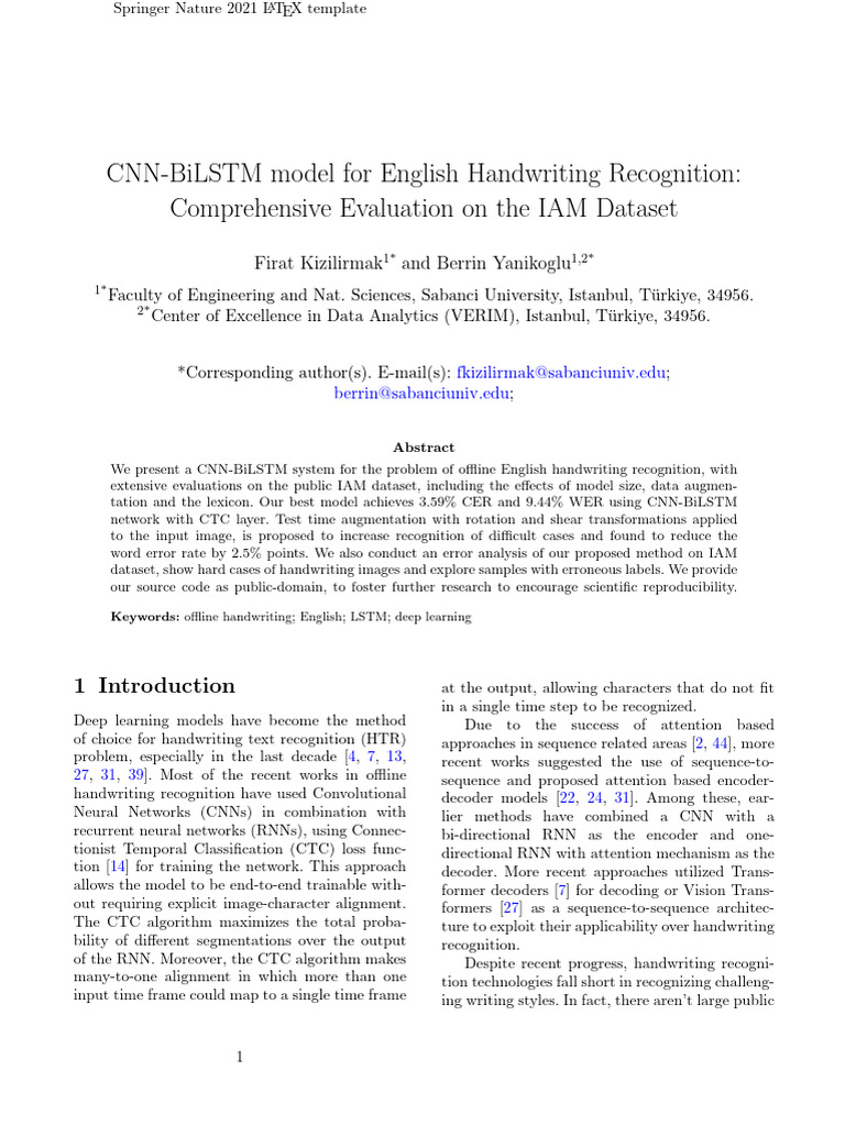 CNN-BiLSTM Model For English Handwriting Recognition, Comprehensiv ...