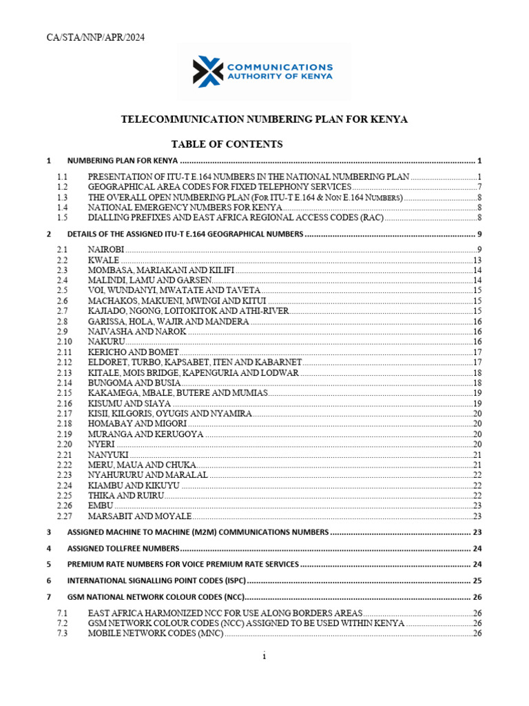 Kenya Telecommunication Numbering Plan | PDF | Telephony | Service ...