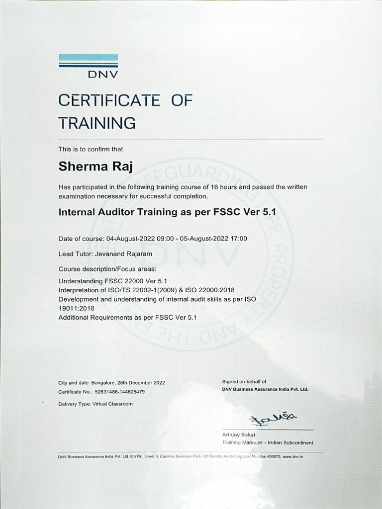 Internal Auditor Certificate | PDF