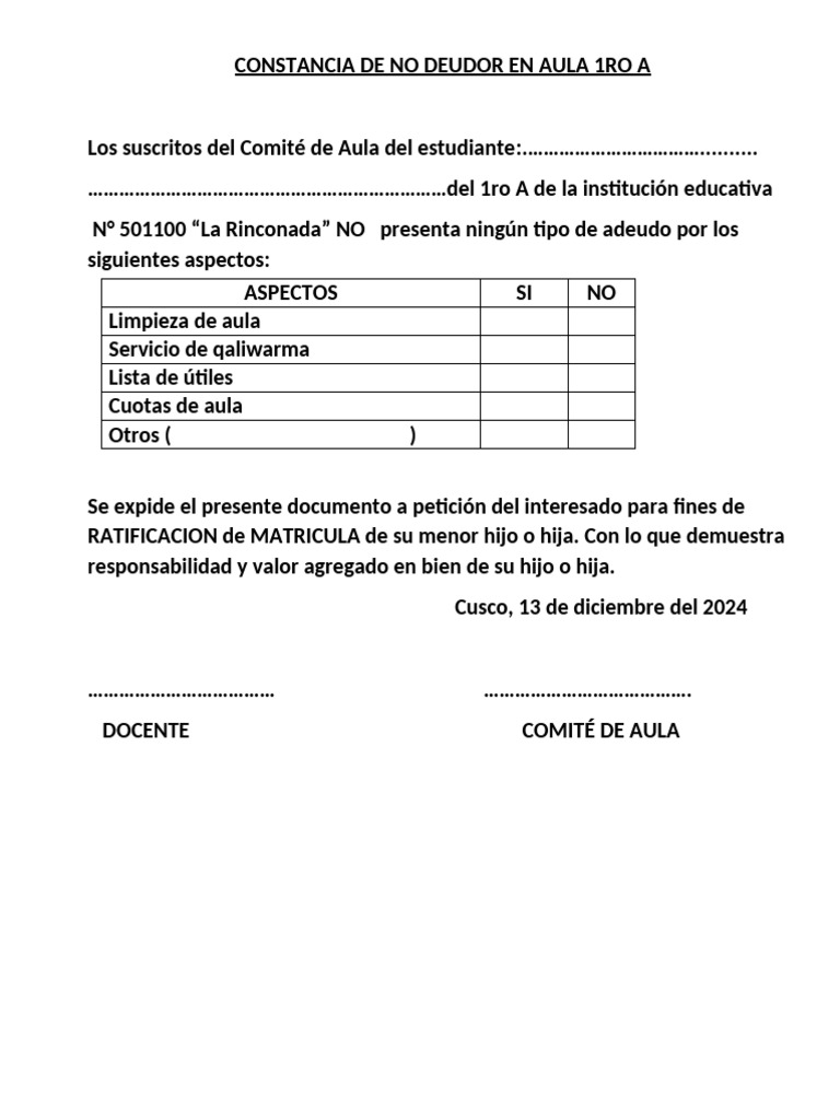 Constancia de No Deudor Aula 1ro A | PDF