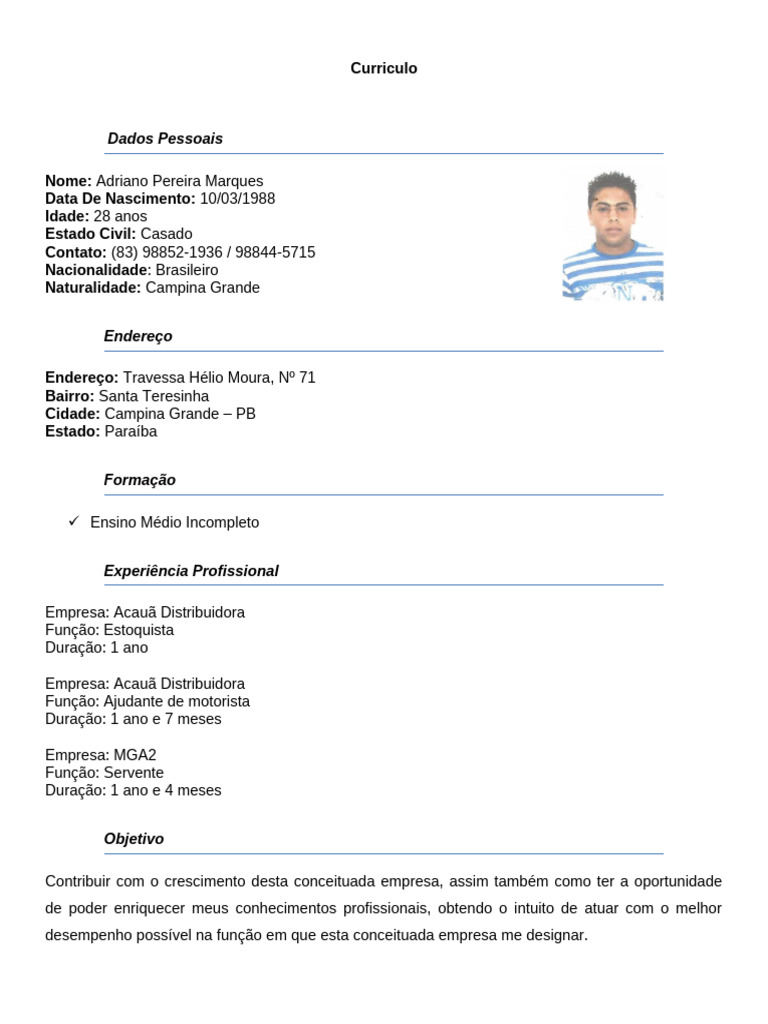 Currículo de Adriano Marques: Estoquista e Ajudante | PDF