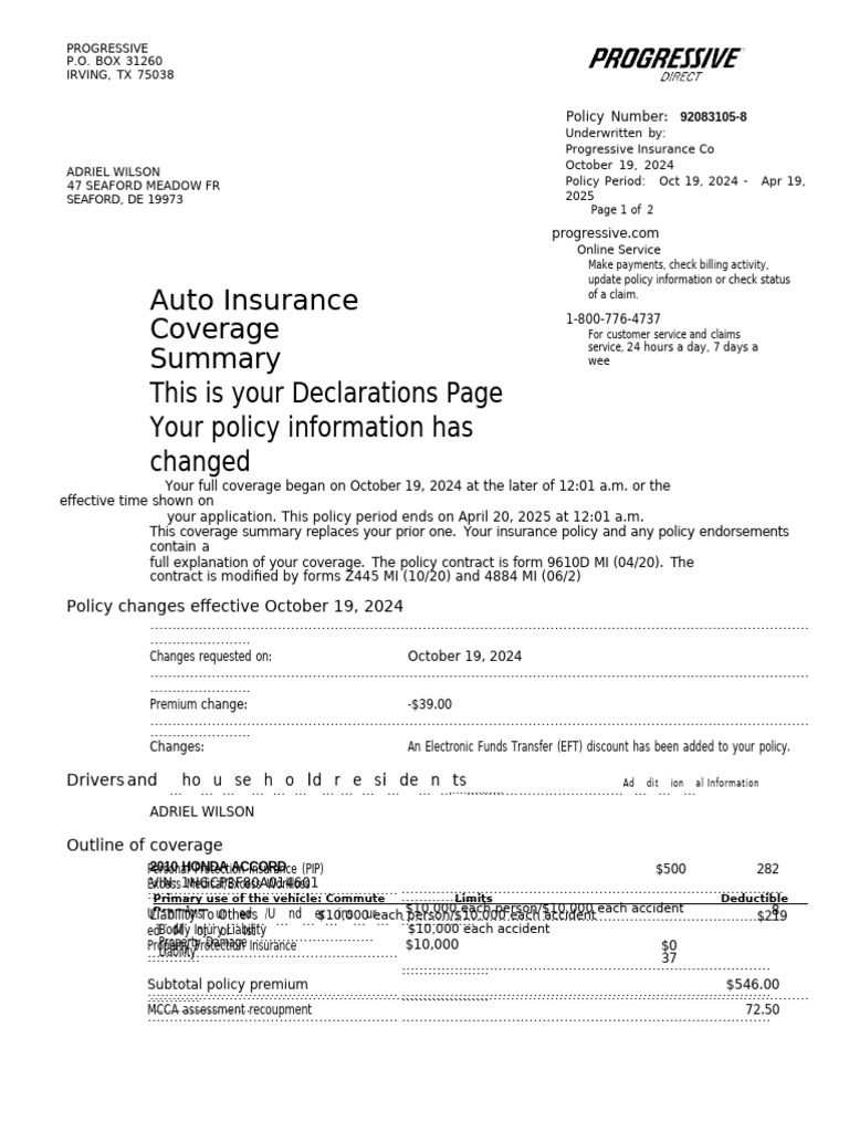 Adriel Wilson Progressive Insurance | PDF | Insurance | Financial Services