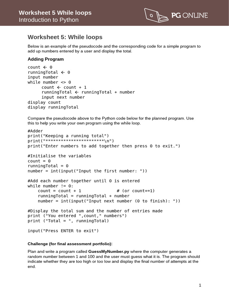 Python Worksheet 5 While Loops | PDF