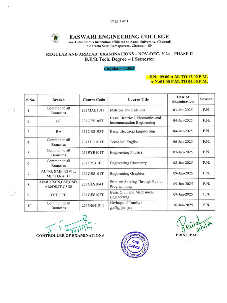 B.e.b.tech - Sem-1 r2023 Regular-And-Arrear-examinations Time-Table Nov.2024 Phase-II | PDF