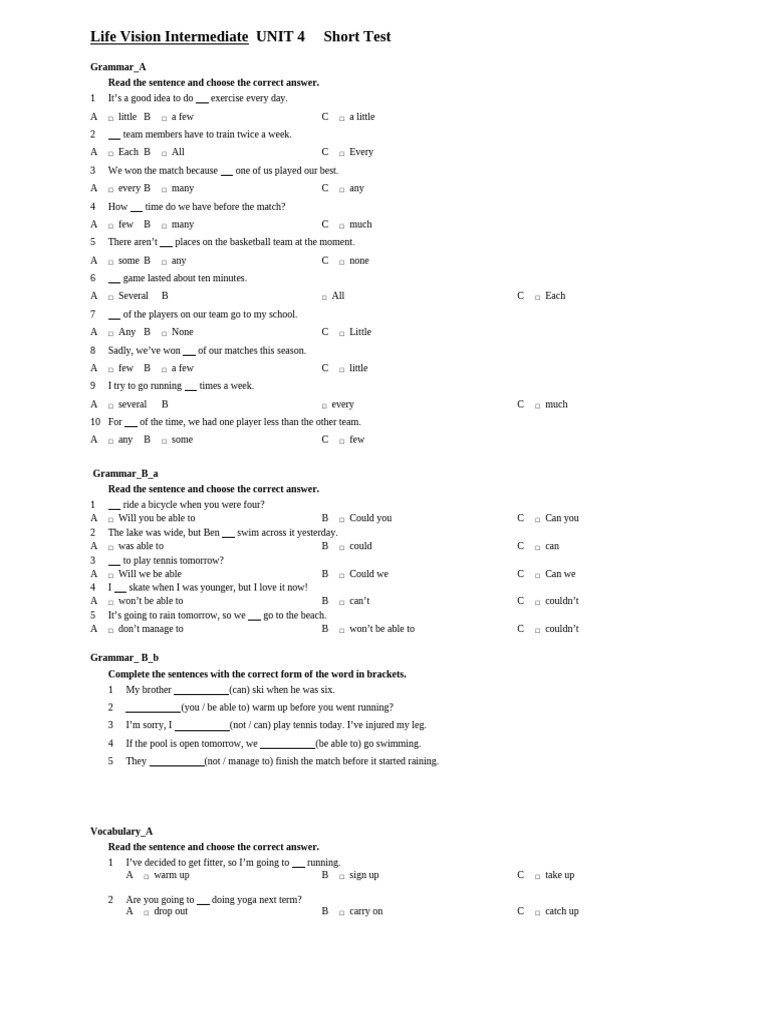 Life Vision Intermediate Unit 4 Test | PDF | Sports