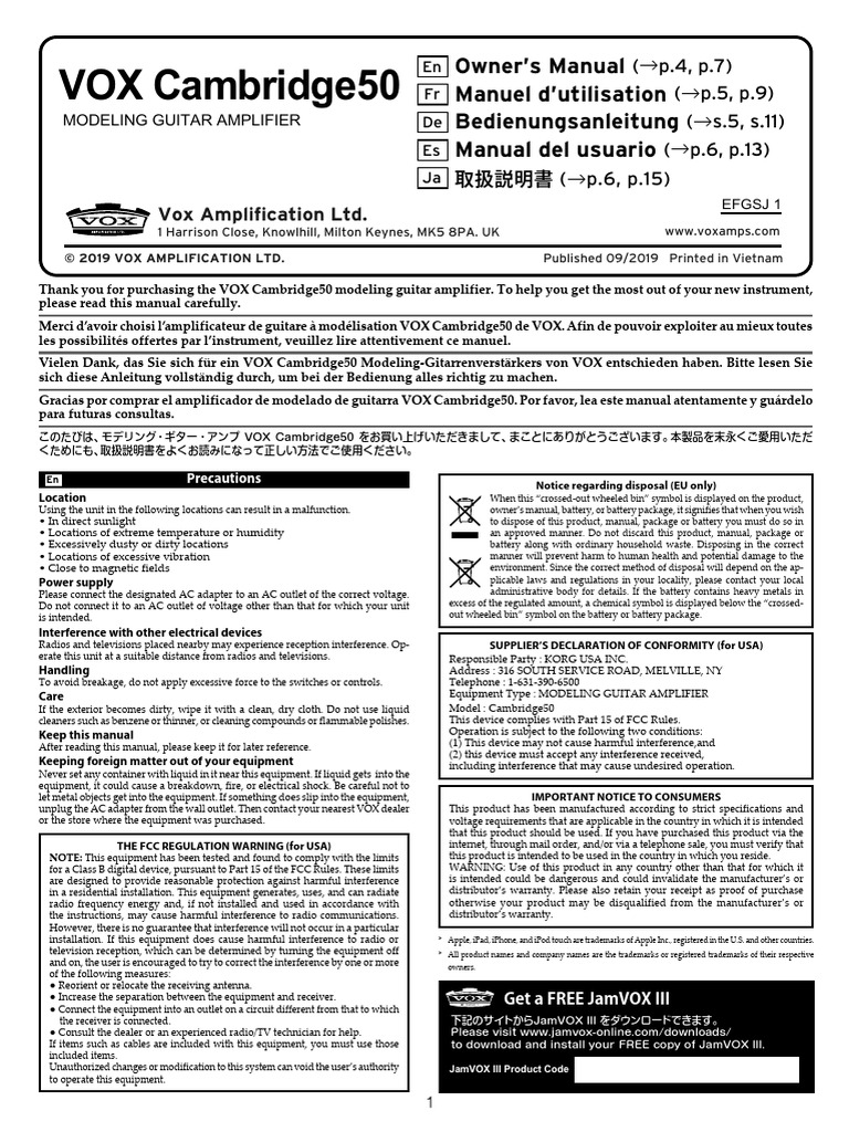 VOX Cambridge 50 Manual | PDF
