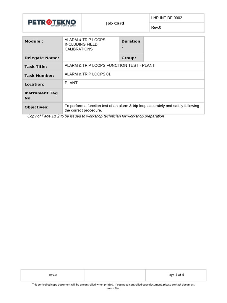 Alarm & Trips Loops Job Card 01 - Alarm & Trip Loop Function Test ...