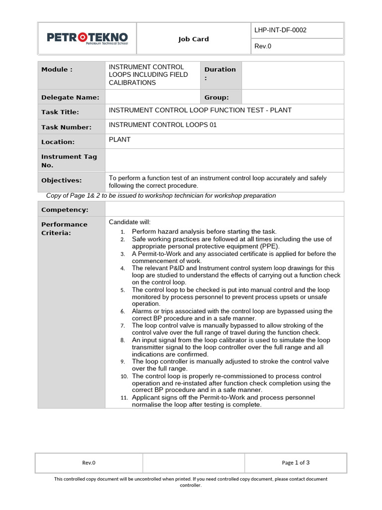 Instrument Control Loops Job Card 01 - Instrument Control Loop Function ...