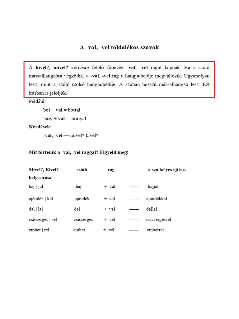 A - Val, - Vel Toldalékos Szavak-2 | PDF