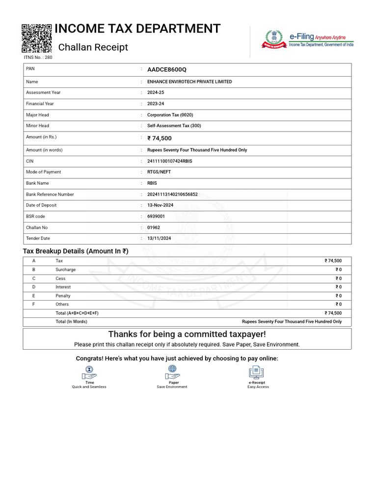 Income Tax Challan Receipt 2024-25 | PDF | Money | Economies