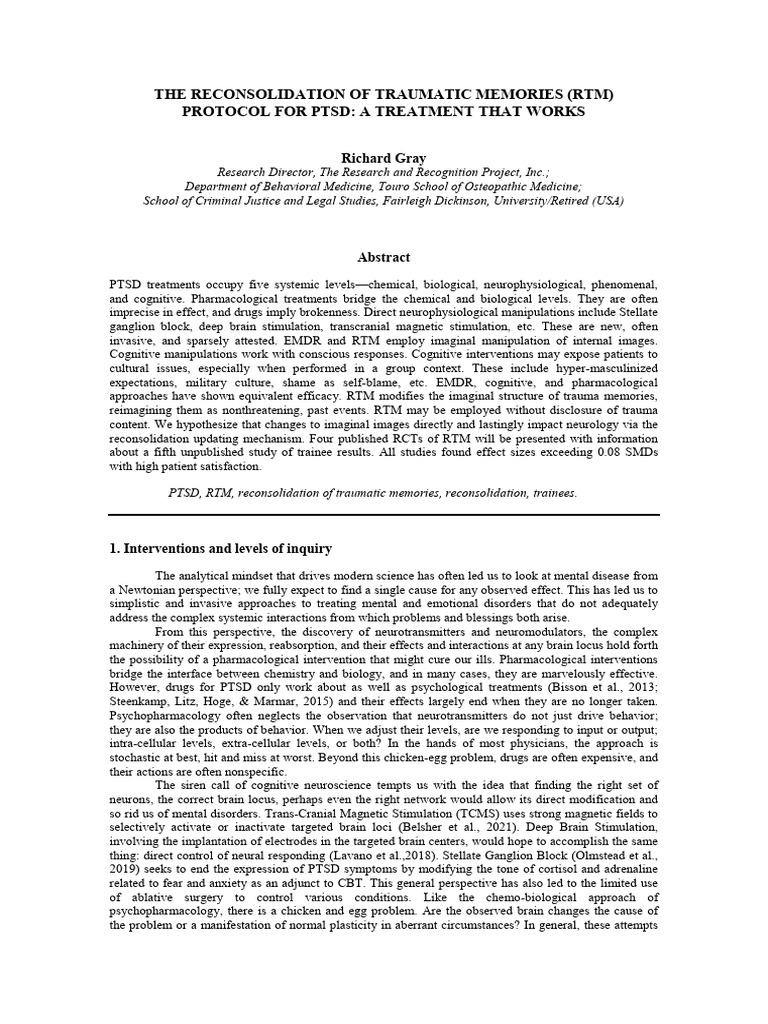 The Reconsolidation of Traumatic Memories (RTM) Protocol for PTSD a ...