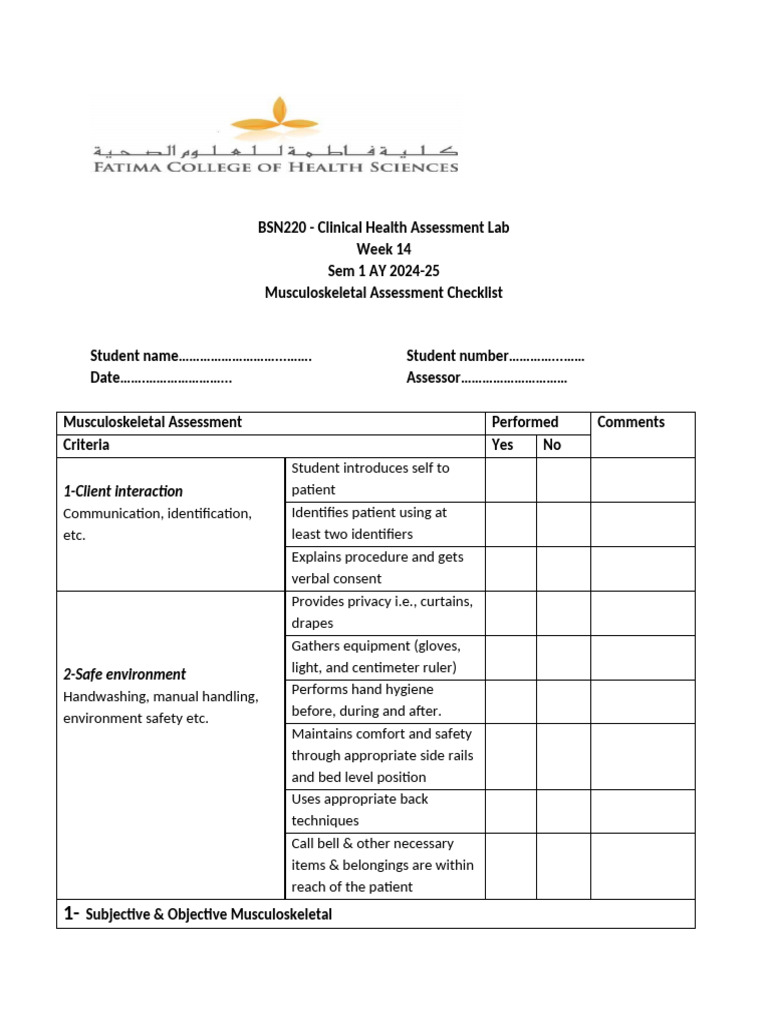 BSN220 - CHA - LAB - Musculoskeletal Assessment Checklist - Student ...