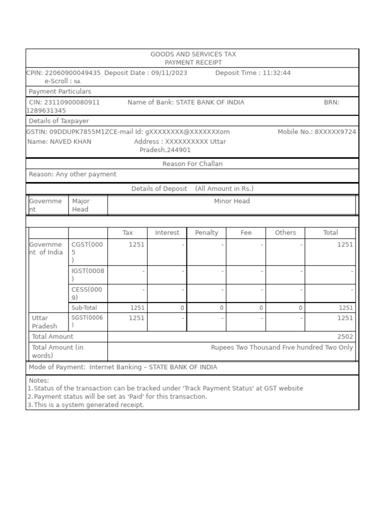 GST Payment Receipt for Naved Khan | PDF