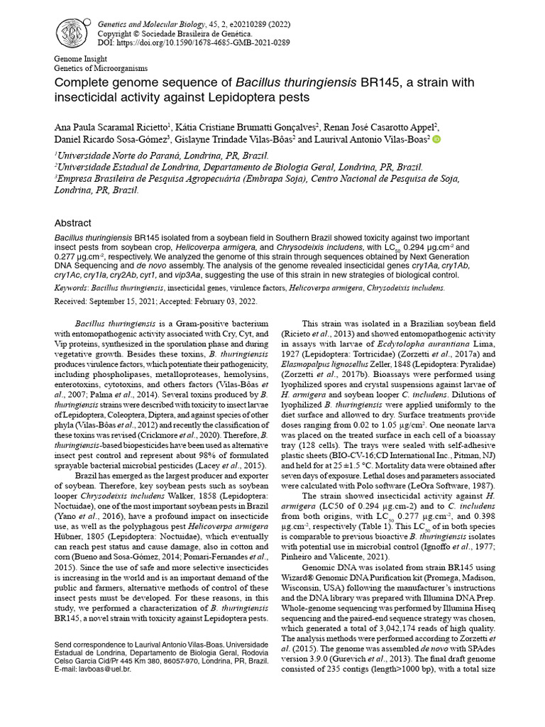 Complete Genome Sequence of Bacillus Thuringiensis BR145, A Strain With Insecticidal Activity ...