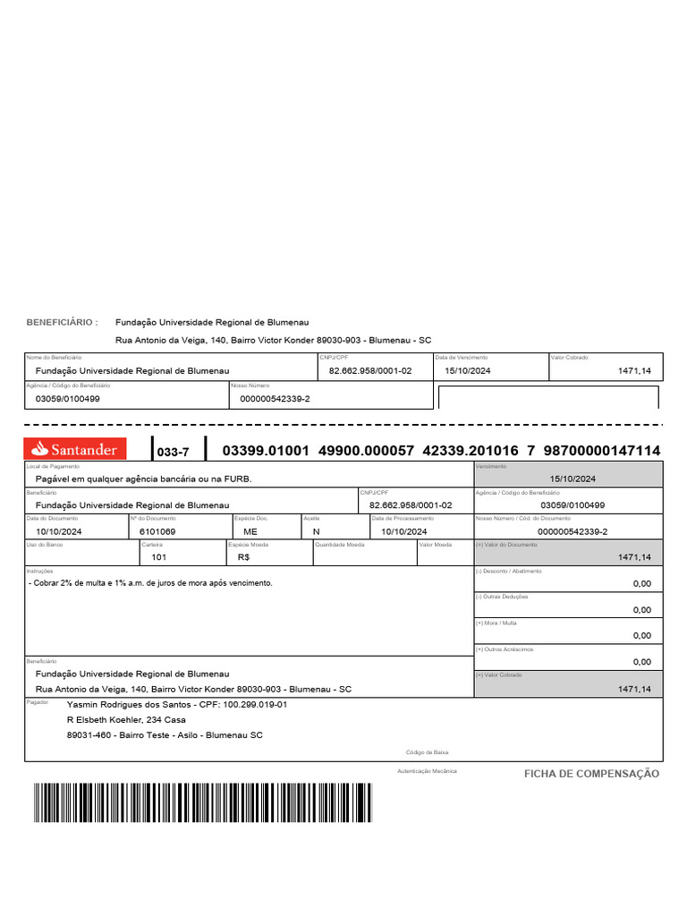 Documento de Cobrança FURB 2024 | PDF | Tecnologia financeira ...