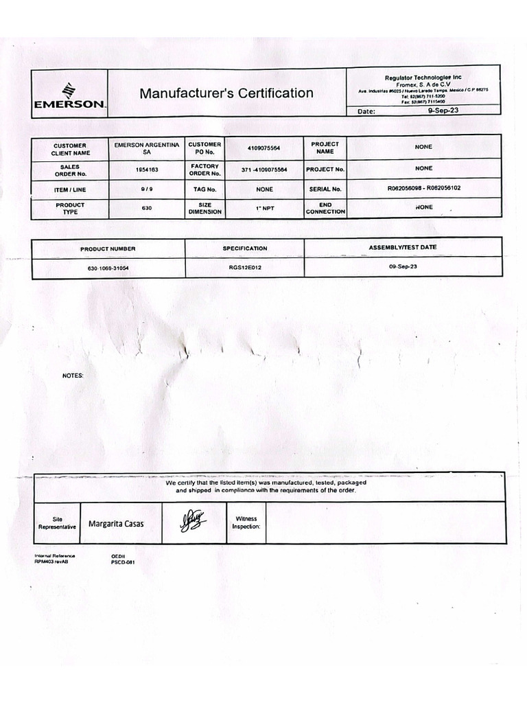 Certificado Regulador Fisher 630 | PDF